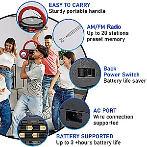Pyle Portable CD Player Bluetooth Boombox Speaker - AM/FM Stereo Radio & Audio Sound, Supports CD-R-RW/MP3/WMA, USB, AUX, Headphone, LED Display, AC/Battery Powered, Red Black - PHCD22.5