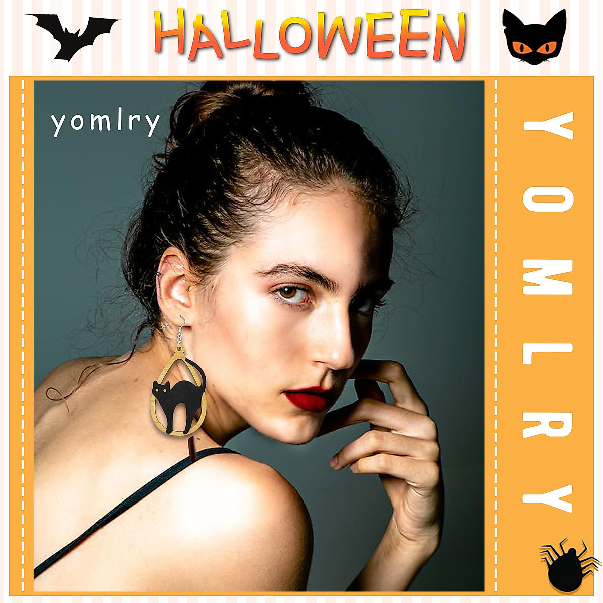 Yomlry Halloween Earrings for Women Pumpkin Black Cat Halloween Jewelry Ghost Bat Spooky Dangle Earrings for Halloween Eve Party Accessories Double-sided Holiday Wood Earrings Set Jewelry Gift black cat