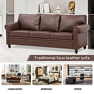 TINGMAMADEHUA Modern Brown Faux Leather Sofa – 3-Seater Couch for Living Room, Comfy Upholstered Design with Tufted Detachable Back Cushions, Traditional Rolled Arms, and Nailhead Trim – Easy Assembly