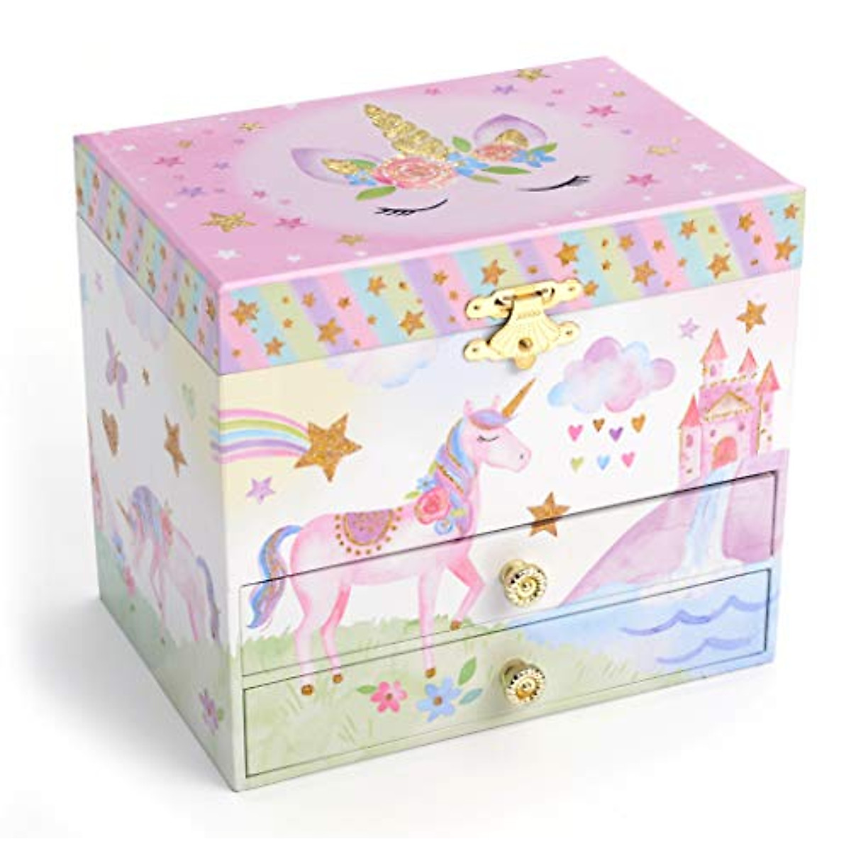 Jewelkeeper Musical Jewelry Box with 2 Pullout Drawers, Glitter Rainbow and Stars Unicorn Design, The Beautiful Dreamer Tune