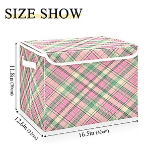 Pink Green Plaid Storage Basket 16.5x12.6x11.8 In Collapsible Fabric Storage Cubes Organizer Large Storage Bin with Lids and Handles for Shelves Bedroom Closet Office