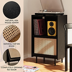 Vefunk Rattan Turntable Stand - Holds 190 Vinyl Records With Storage Cabinet