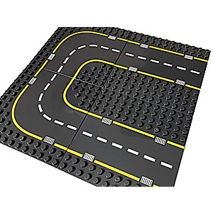 Apostrophe Games Building Block Road Base Plates for Large Blocks 7.5" x 7.5", 4 Street Baseplates (2 Straight & 2 Curved Roads) Compatible with Major Brands