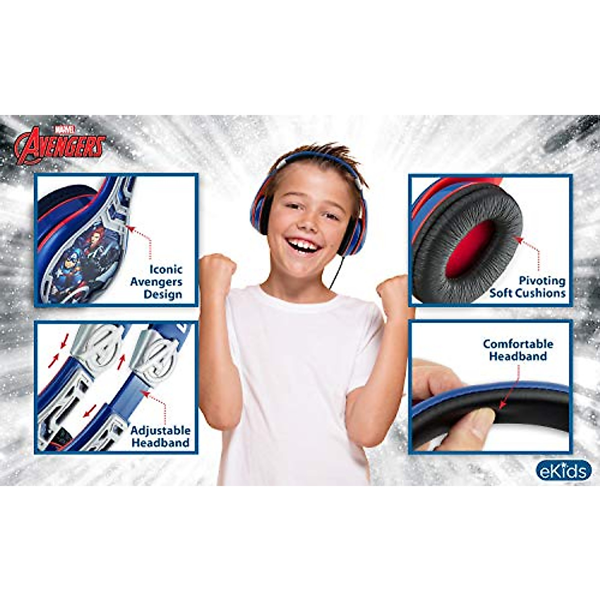 eKids Avengers Kids Adjustable Headband, Stereo Sound, 3.5Mm Jack, Volume Limited Headphones for School, Home, Travel