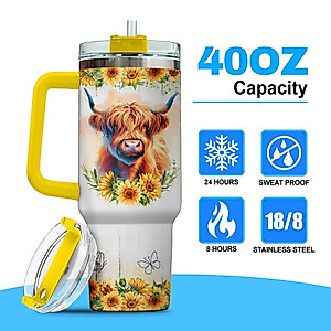 99OWL Highland Cow Sunflower Handle for Yellow Tumblers, 40 Oz Insulated Coffee Cup With Lid and Straw, Brown Women's Tumbler, Cow Gifts