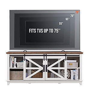 OKD Farmhouse TV Stand for 75 Inch TV, Industrial & Farmhouse Media Entertainment Center w/Sliding Barn Door, Rustic TV Console Cabinet w/Adjustable Shelves for Living Room, Antique White