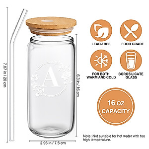 Birthday Gifts for Women, Monogrammed Initial Glass Cup Personalized Gifts for Women, 16oz Glass Cups with Lids and Straws, Iced Coffee Cup, Beer Can Shaped Glass - Personalized Christmas Gifts A