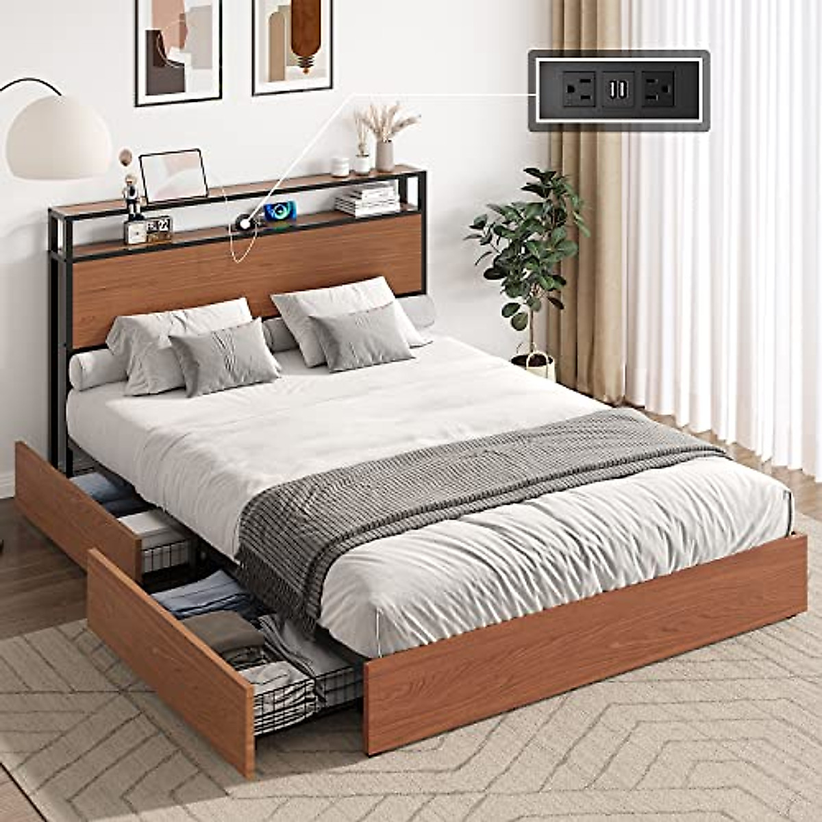 AMERLIFE Queen Size Storage Bed Frame with Charging Station, Wooden Platform with 4 Drawers & Headboard/No Box Spring Needed/Noise-Free/Cherry