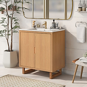 Merax 30" Bathroom Vanity Set, Combo Stand Storage Cabinet and Square Resin Sink Top, Natural