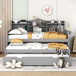 Bellemave Twin XL Daybed Captain Bed with 2 Twin Trundles and Storage Shelf Wooden Day Bed with USB Charging Ports for Kids, Boys and Girls No Box Spring Needed (Grey)