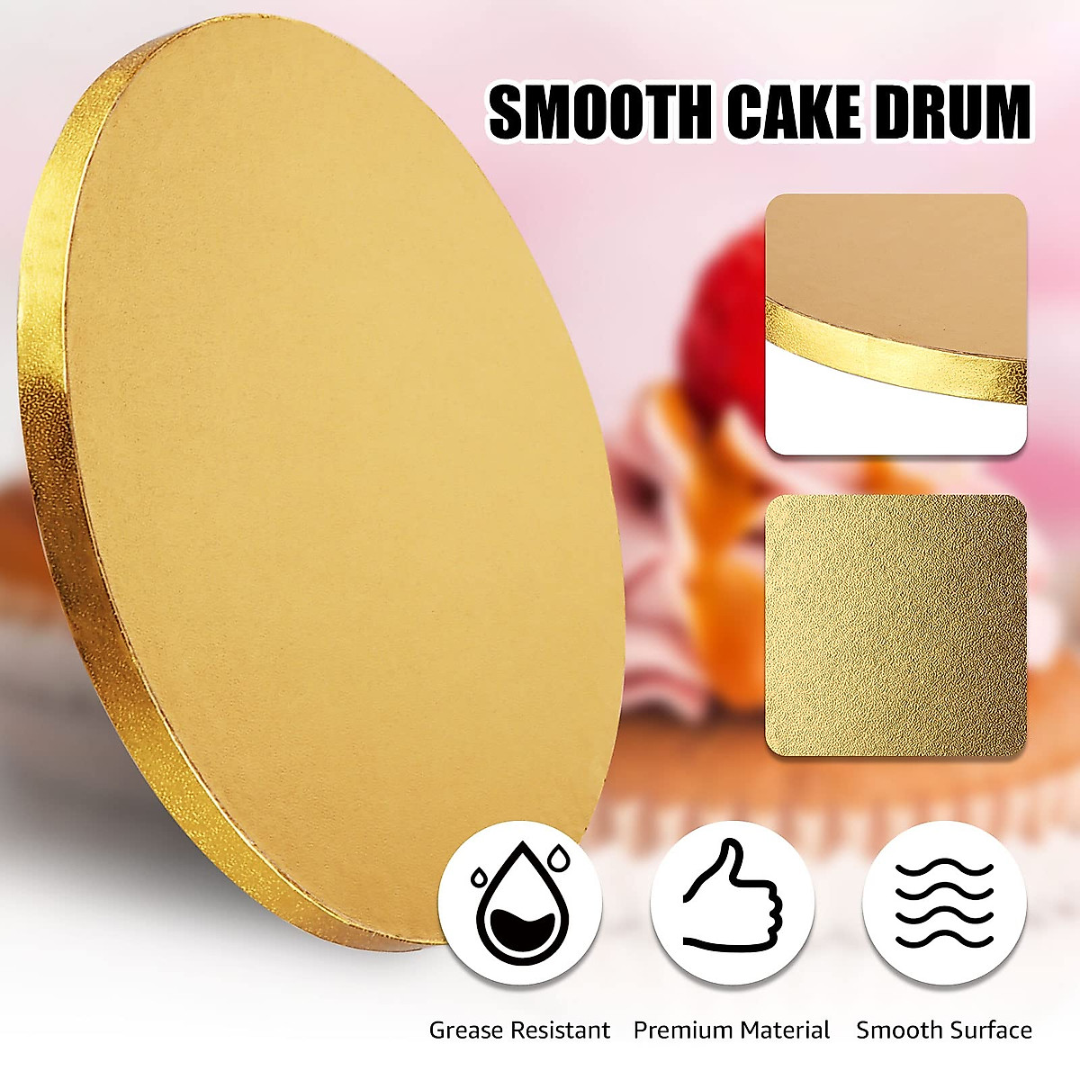 ABuff 8 Pack 12 inch Cake Drum Gold Cake Boards Round, Sturdy 1/2 Inch Thick Cake Drums Round Cake Board Greaseproof Foil Plate, Disposable Birthday Cake Drums for Heavy Or Multi-Tiered Cakes