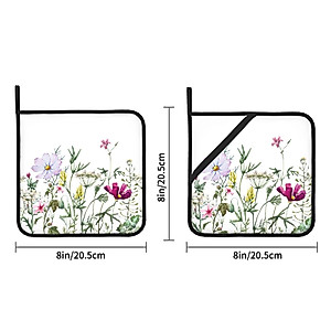 Floral Wildflower Flower Field Pot Holders Set Heat Resistant Non Slip Oven Hot Pads with Hand Pockets and Hanging Loops for Kitchen Baking Cooking,Set of 2