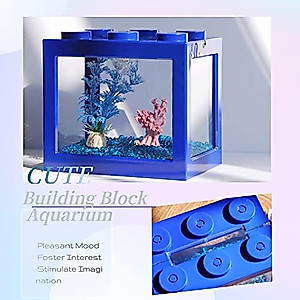 Small Betta Fish Tank, Stackable Mini Fish Tank Aquarium Tank Kit, 3/5 Gallon Rectangular Fish Bowl with Aquarium Gravel Decoration, Cube Tank for Seaweed Balls Sea Monkeys (Blue)