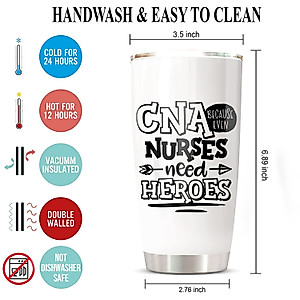 CHICKOR Cna Coffee Mugs Travel 20 Oz With Lid, Because Even Nurses Need Heroes Stainless Steel Nurse Themos, National Nurses Day Gifts for Practioner Labor Women, Inspiration Gift White Themed
