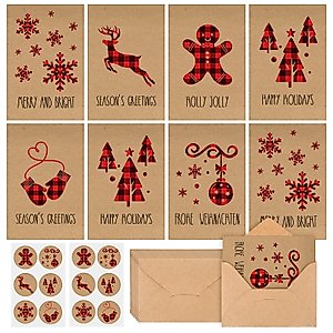 AnyDesign 30 Pack Christmas Greeting Cards 4 x 6 Kraft Note Cards Red Black Plaid Elk Snowflake Printed Blank Cards with Envelopes Matching Seal Stickers for Holiday Birthday All Occasions, 6 Design