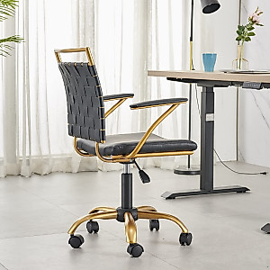 Hioryllks Modern Chair - Durable Black & Gold Leather Office Chair with Lumbar Support