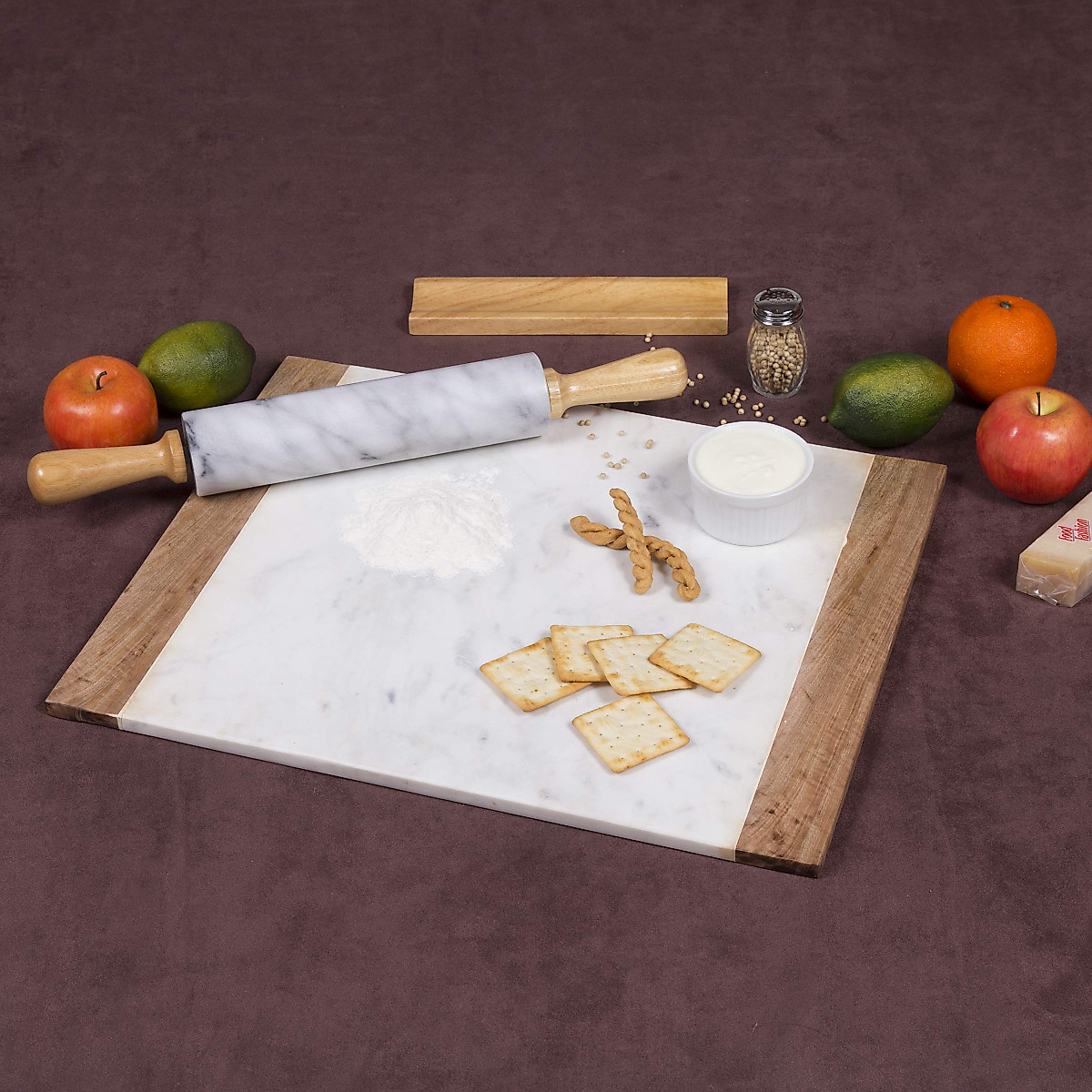 Creative Home Natural Marble with Mango Wood 18" x 9" Handled 16" x 20" Pastry Board Set, 18" L x 9" W x 5/8" H, 16" L x 20" W x 5/8" H, Off-White (patterns may vary)