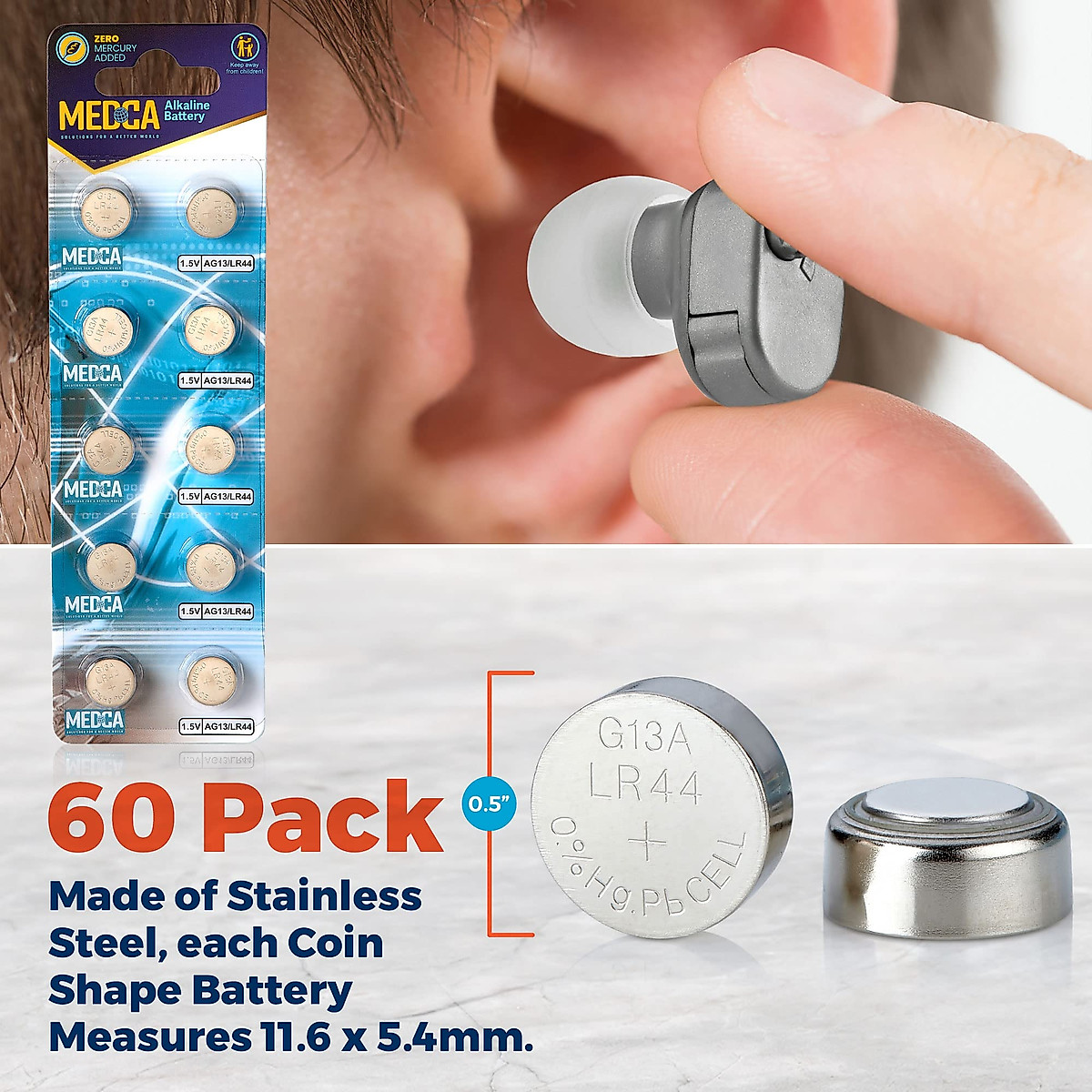 MEDca 1.5V Alkaline Batteries - LR44 AG13 357 303 SR44 Battery - Button Coin Cell for Hearing Aids and Amplifiers, Toys, Remotes, Calculators, Lasers | Long Lasting Power | Anti Corrosion | 60 PCS