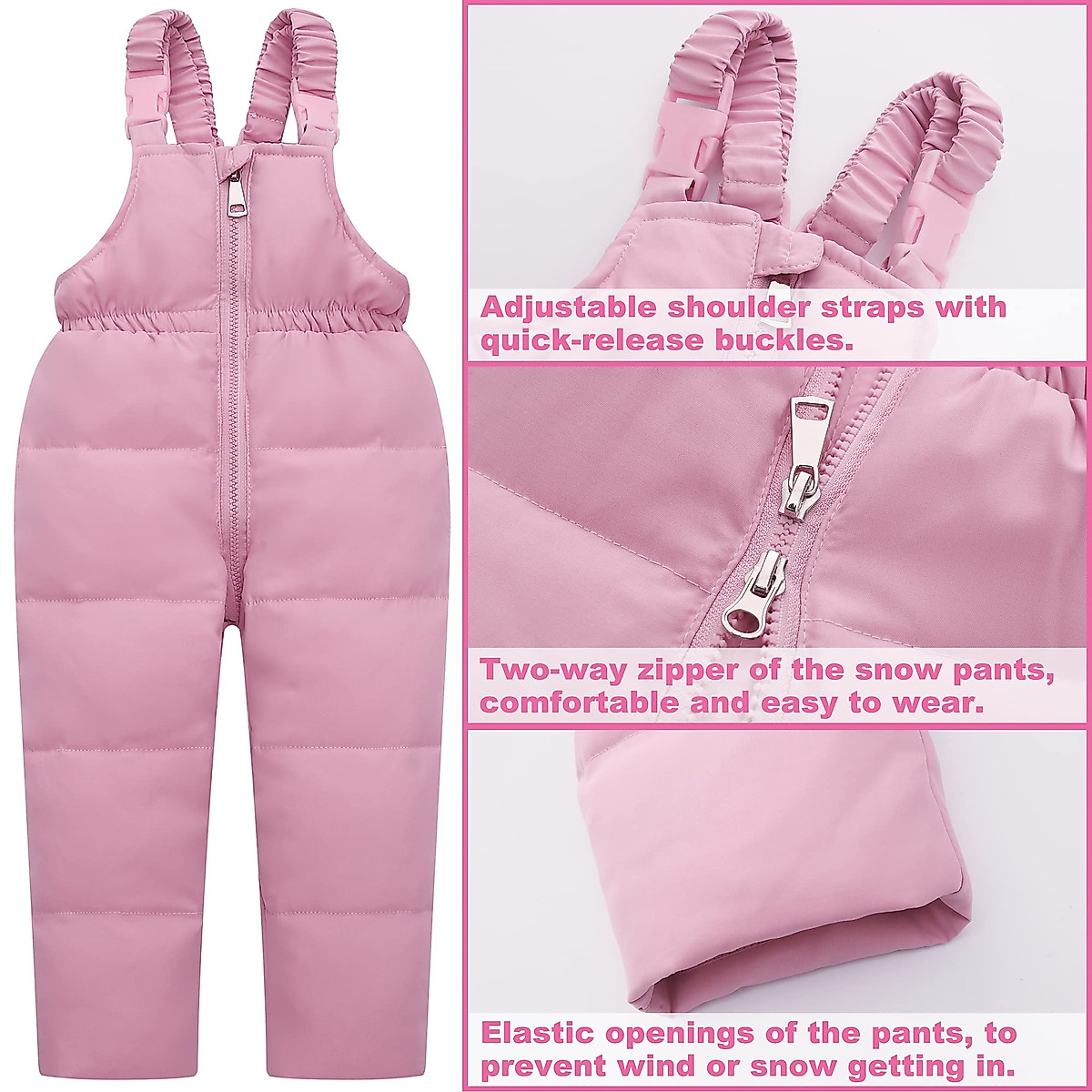 Fewlby Kids 2-Piece Snowsuit Toddler Baby Boys Girls Winter Wear Ski Jacket & Snow Bib Pants Ski Suit, Pink 2-3 Years