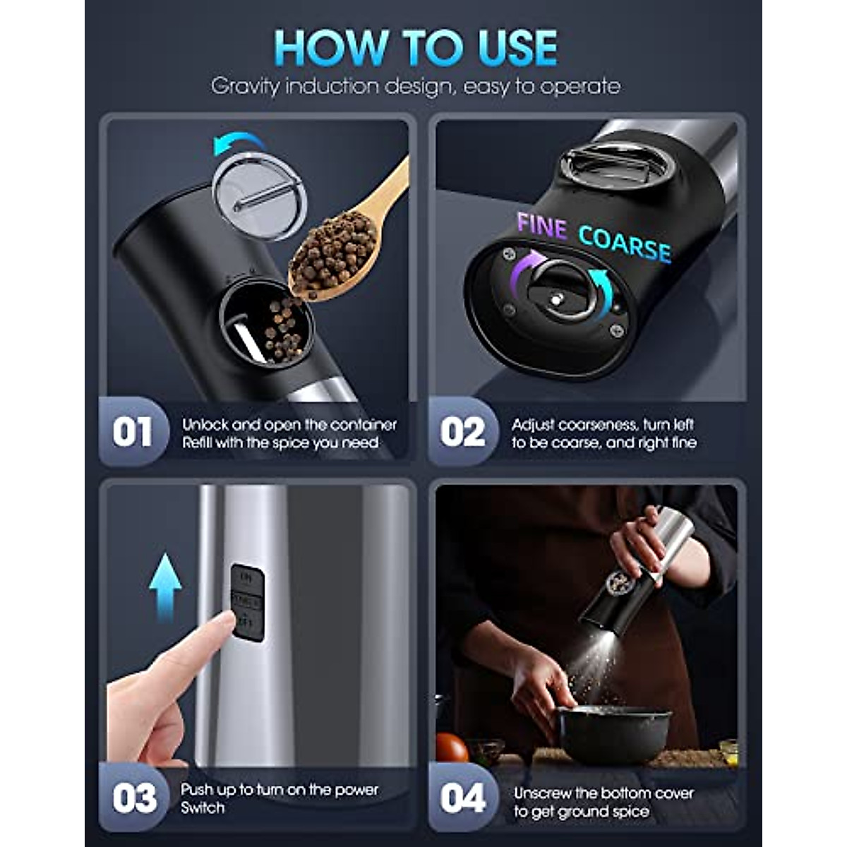 Gravity Electric Salt and Pepper Grinder Set - USB Rechargeable Automatic Pepper Mill Grinder - Generous Capacity - Adjustable Fineness - One Handed Operation, Stainless Steel Construction, LED Light