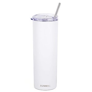 SUNWILL Straw Tumbler Skinny Travel Tumbler with Lid, Vacuum Insulated Double Wall Stainless Steel 20oz for Coffee, Tea, Beverages, White