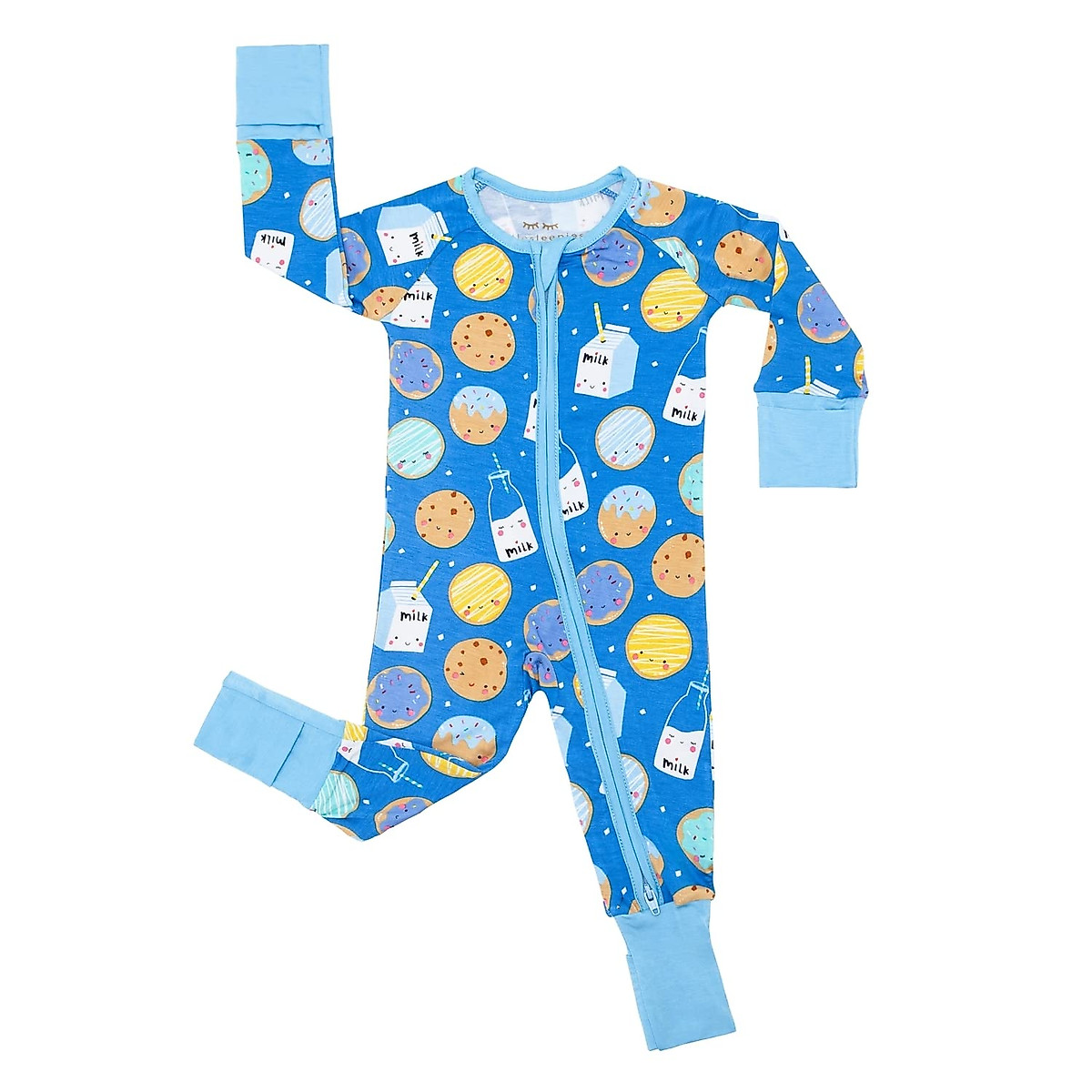 Little Sleepies Zippy Baby & Toddler Pajamas, Sleeper for Boys and Girls, Viscose Derived from Bamboo Newborn Sleeper w/ 2-Way Zipper w/Mitten Cuffs, Blue Cookies & Milk, 0-3M