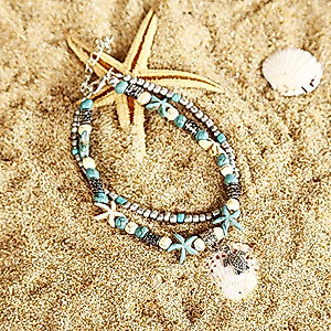 Softones Blue Starfish Turtle Anklet Multilayer Charm Beads Sea Handmade Boho Anklet Foot Jewelry for Women