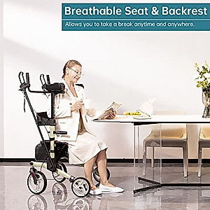 ELENKER Upright Walker, Stand Up Folding Rollator Walker with 10” Front Wheels Backrest Seat and Padded Armrests(Champagne)