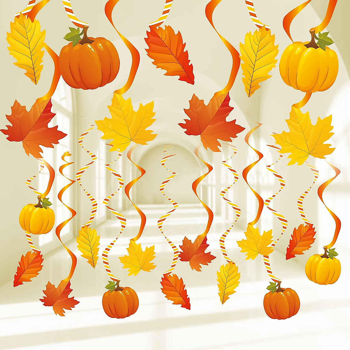 WEEPA 24 Pieces Fall Pumpkin Hanging Swirls Maple Leaves Swirls Decorations Fall Thanksgiving Ceiling Hanging Decorations for Home Autumn Thanksgiving Harvest Decor Party Supplies (Maple)