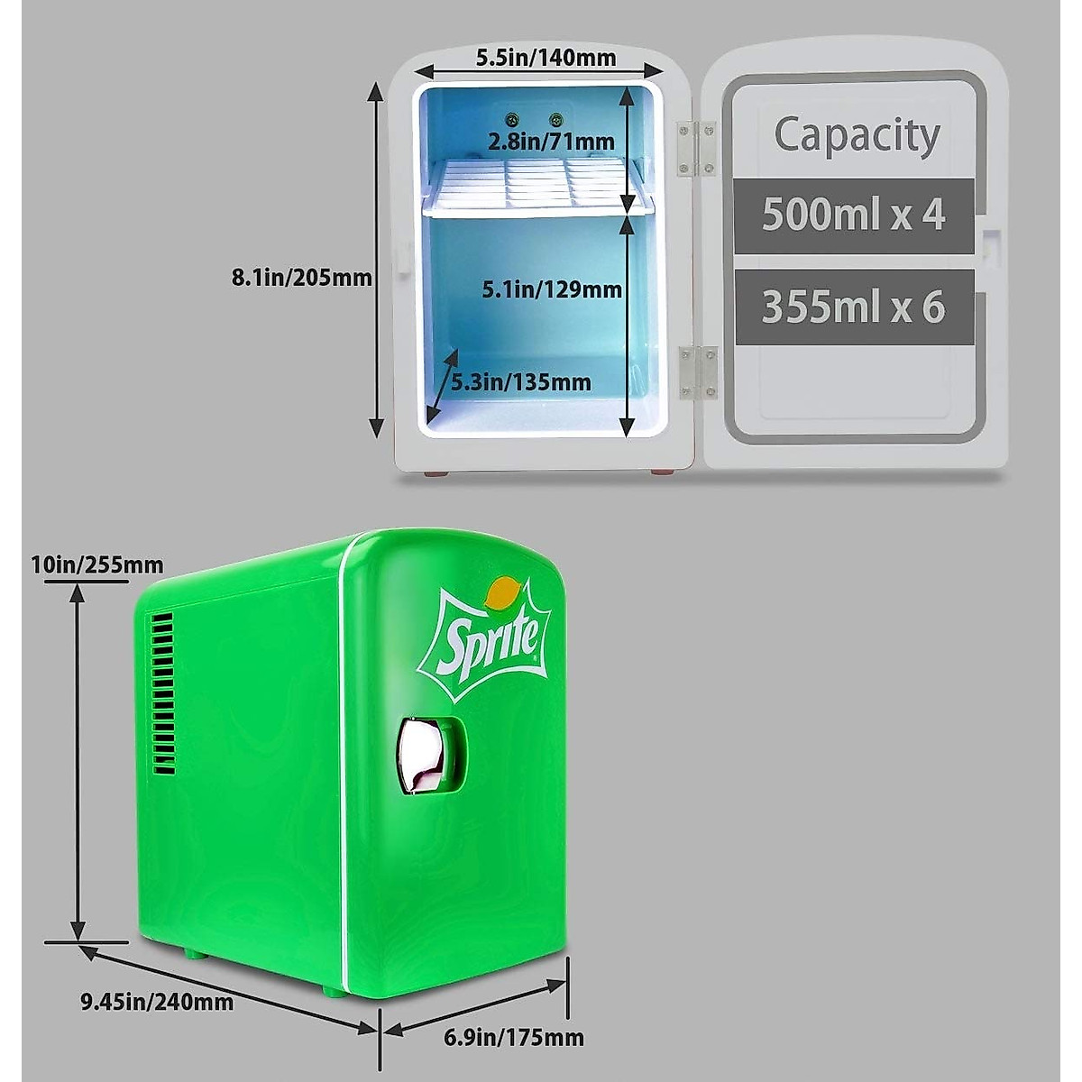 Coca-Cola Sprite 4L Portable Cooler/Warmer, Compact Personal Travel Fridge for Snacks Lunch Drinks Cosmetics, Includes 12V and AC Cords,Desk Accessory for Home Office Dorm Travel, Green
