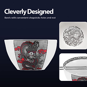 Hagary Dragon Ramen Bowl with Chopsticks Ceramic Bowl Stainless Steel Chopsticks Japanese Style Udon Miso Noodle Soup Bowls Housewarming Wedding Gifts Designed in Korea (Black, 20oz)