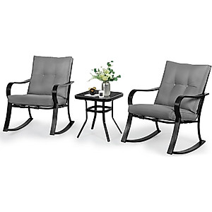 SUNCROWN Outdoor 3-Piece Rocking Chairs Patio Bistro Set Black Steel Furniture with Thickened Cushion and Glass-Top Coffee Table, Grey