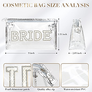 Bride Makeup Bag Bride Gifts Pearl Rhinestone Letter Patch Clear PVC Water-resistant Portable Zipper Cosmetic Toiletry Travel Organizer for Bridal Shower Wedding day Bachelorette Party