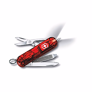 Victorinox Signature Lite Swiss Army Knife, Compact, 7 Functions, Swiss Made Pocket Knife with Pressurized Ballpoint Pen, LED and Key Ring - Ruby