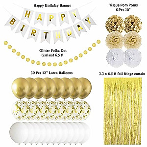 ANSOMO Gold Happy Birthday Party Decorations Banner Balloons Foil Fringe Curtains - Gold & White