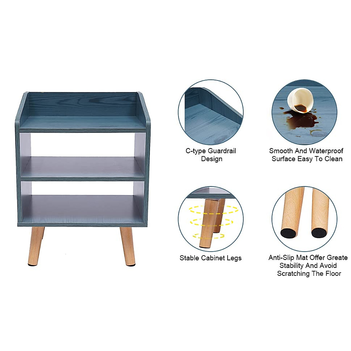 Small Bedroom Nightstand/Minimalist End Table/Side Table/Little Table - with 2 Open Storage Cabinets/Solid Wood Legs,Modern Bedside Night Stand for Bedroom, Living Room（Blue ）- Easy Assembly