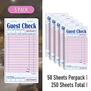 DGBDPACK Server Guest Checkbook, 5 Pack EP-3632-1 Server Note Book, Thick Server Paper with Guest Receipts, Waitress Notepads - 250 Orders Total (Pink, 6.75" x 3.5")