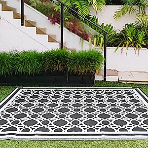RURALITY Outdoor Rugs 8x10 for Patios Clearance,Plastic Waterproof Mats for Camping,Porch,RV, Large Straw Area Rugs for Picnic,Reversible,Black and White