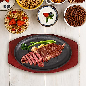 Yardwe Cast Iron Steak Pan, Round Sizzling Plate Fajita Skillet Steak Plate with Wooden Base for Kitchen Restaurant