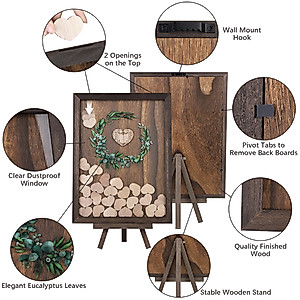 Aodaer Wedding Guest Book Alternative Drop Top Frame Heart Drop Wood Guest Book with Stand 122 Wooden Hearts Pens Box Mini Blackboard Rustic Wedding Decorations for Reception Baby Shower, Brown