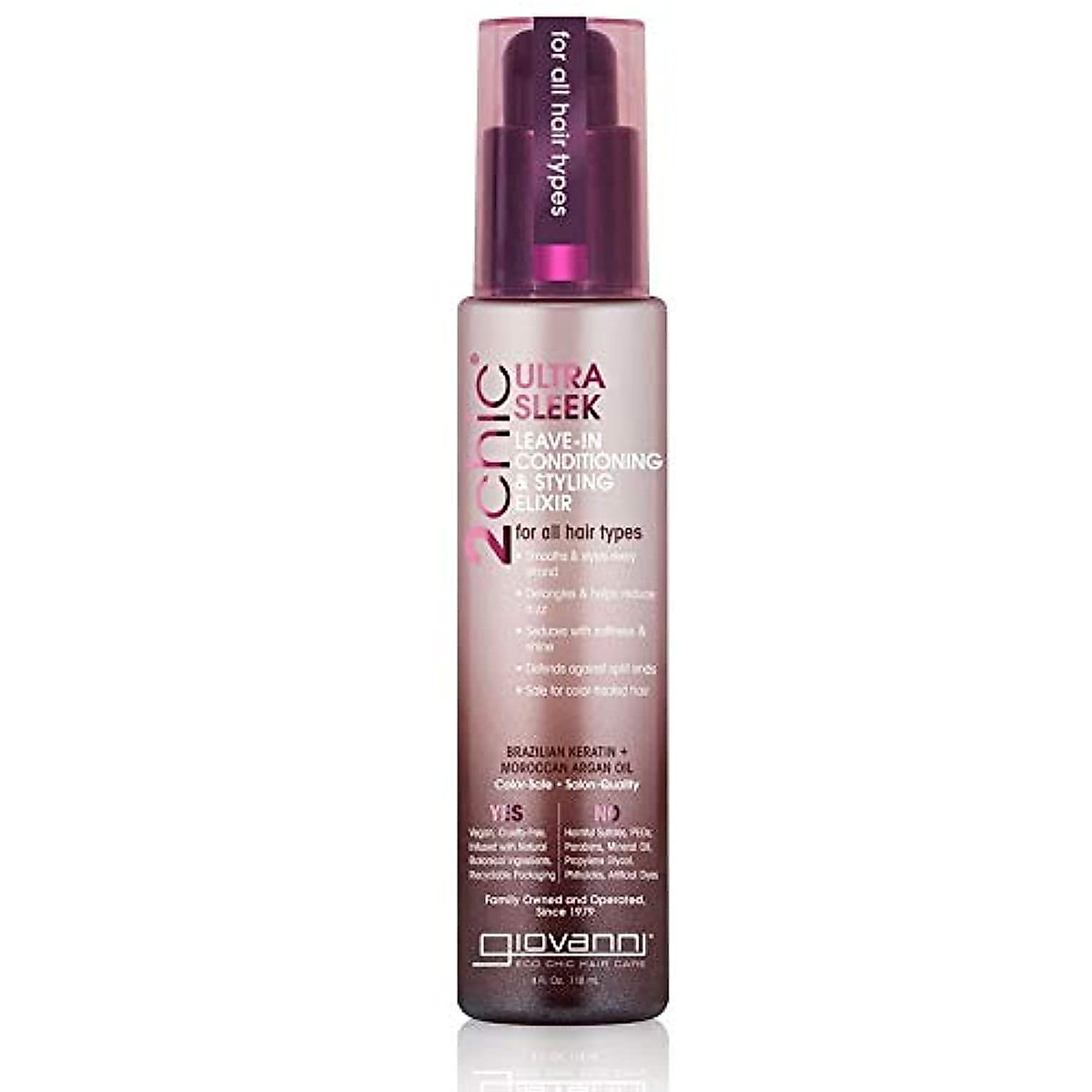 GIOVANNI 2chic Ultra-Sleek Leave-In Conditioning & Styling Elixir - Phyto-Keratin & Argan Oil, Anti-Frizz Formula, Coconut, Shea Butter, Pro-Vitamin B5, Color Safe, Paraben Free - 4 oz