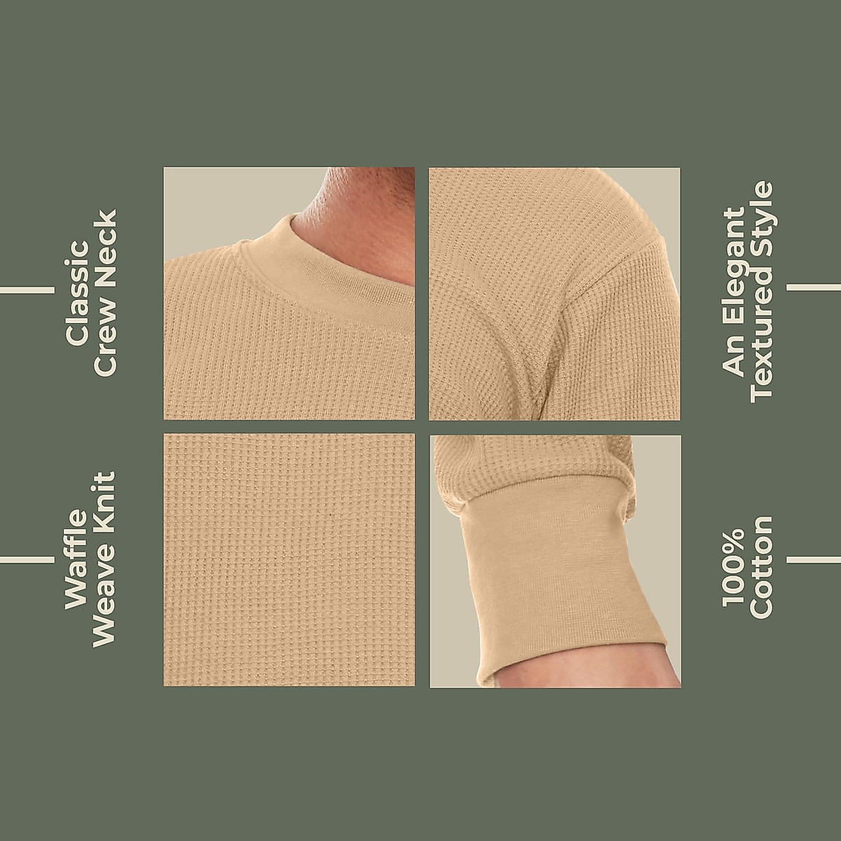 JMR Men's Thermal Shirt Heavy Weight Long Sleeve Waffle Crew Neck Top Underwear, Colors, Sizes (Khaki, 3X-Large)