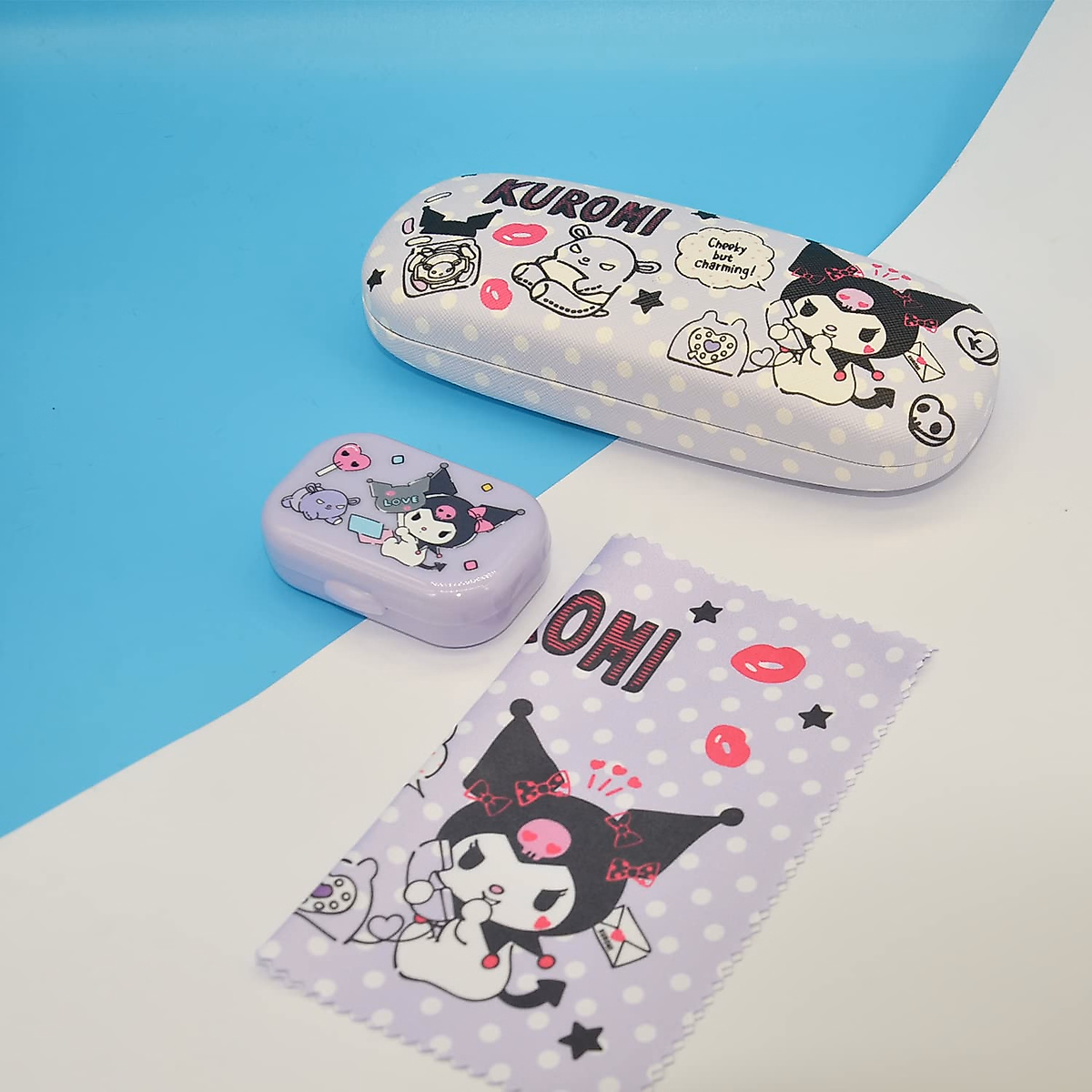 Kawaii Hard Shell Eyeglasses Case with Cleaning Cloth, Portable Kitty Cat Contact Lens Case Kit with Mirror for Women Girls, Cute Lens Holder Kit, Eyeglass Holder Box Fits Most Glasses Sunglasses Case