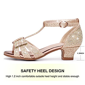 PANDANINJIA Sally Girls Heels Todder Rhinestone Dress Shoes Pump T Strap Open Toe Bow Little Big Kids Flower Girl Shoes(Gold Glitter 2 M US Little Kid)