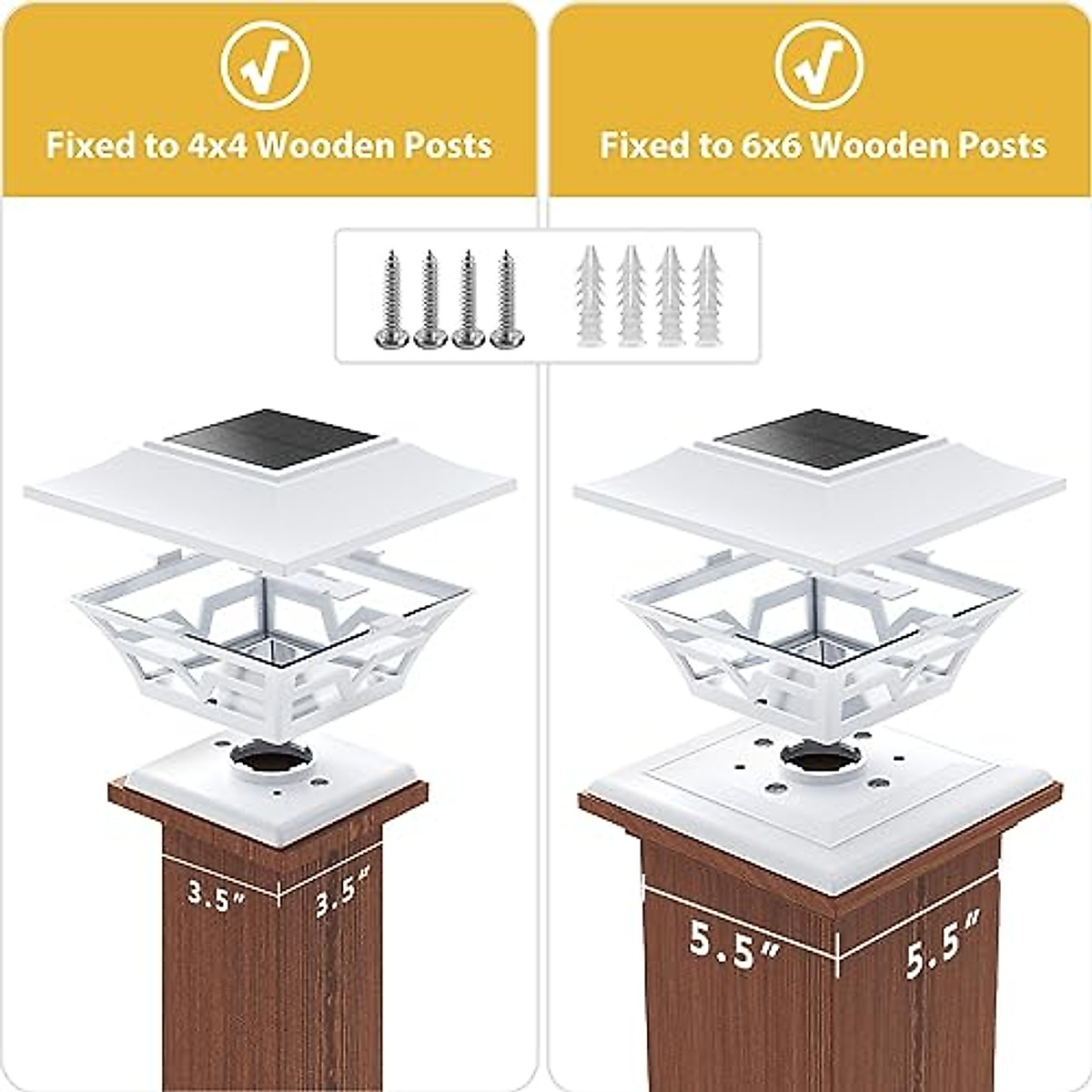 APONUO 4x4 Post Solar Lights 17 Lumens 1000mAh,Solar Post Cap Lights 2 Color Modes Fence Post Lights Solar Powered,Solar Post Lights Outdoor Waterproof for 4x4,6x6 Post Caps Wood,White,4 Pack