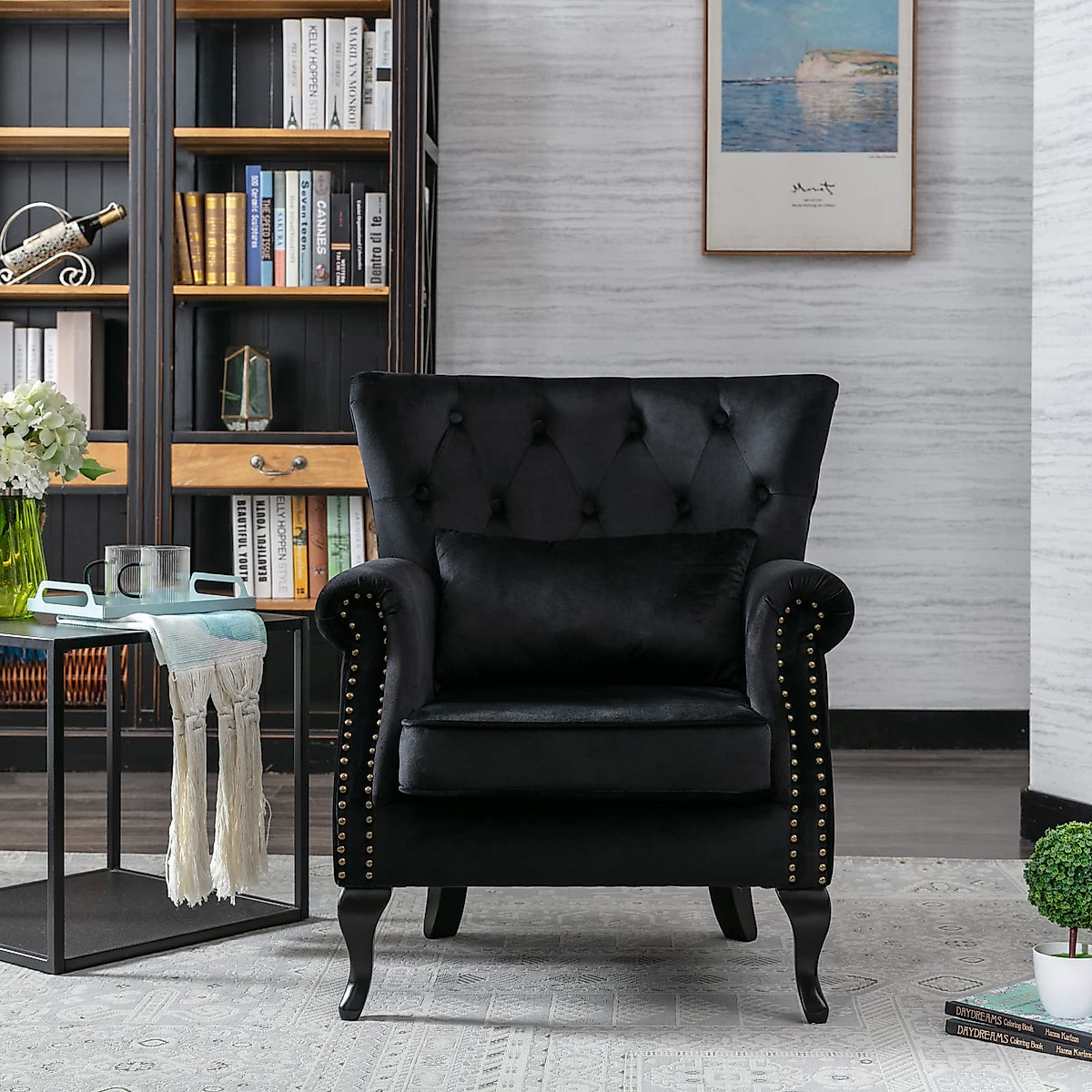 LZAREAL Accent Reading Arm Chairs Set of 2 for Living Room Bedroom, Midcentury Modern Comfy Corner Sofa Chair, Wingback Waiting Room Club Chair with Button Tufted Back &Lumbar Pillow, Velvet Black