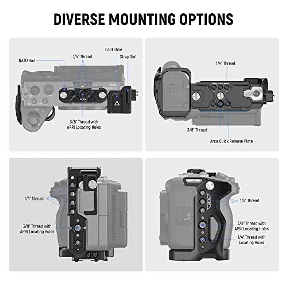 NEEWER FX3/FX30 Camera Cage with HDMI Cable Clamp, NATO Rail, 3/8" ARRI Locating Holes, 1/4" Threads Compatible with Sony FX3 FX30/Original XLR Handle, Compatible with DJI RS2 RS3 Gimbal, CA011