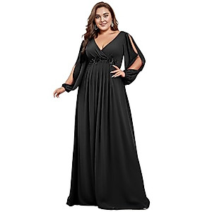 Ever-Pretty Plus Women's Plus Size A-line Floor-Length Long Sleeves V Neck Formal Party Dress Black US20