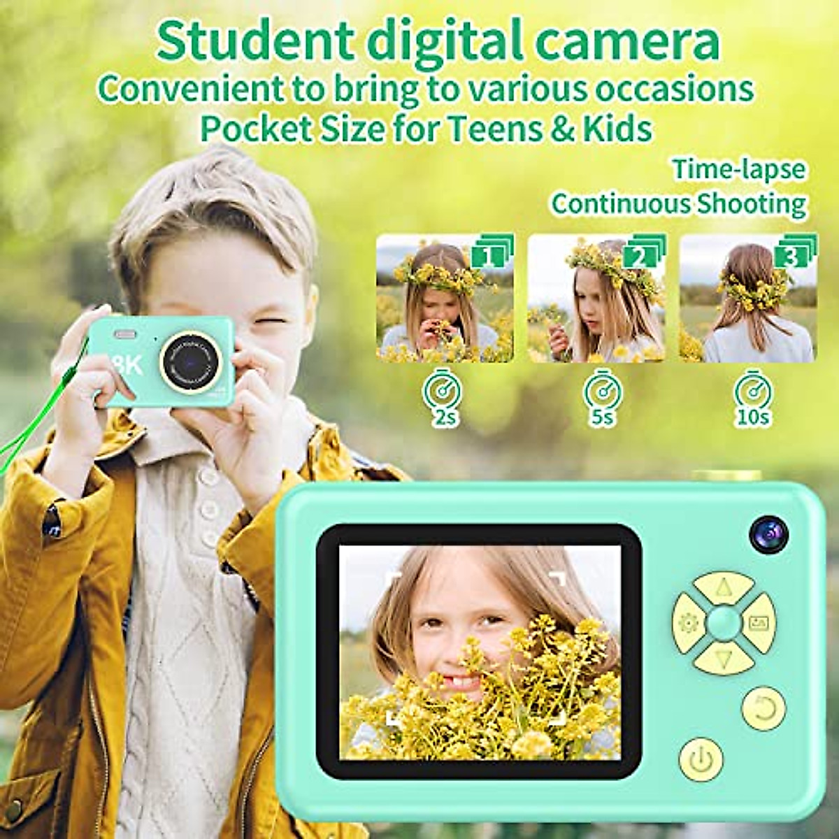 Kids Digital Camera, FHD 1080P Digital Camera for Kids with 32GB SD Card 8X Zoom Compact Point and Shoot Digital Camera, Portable Mini Kids Camera for Teens Students Boys Girls Tweens - Green