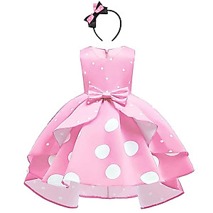 IBTOM CASTLE Girls Polka Dot Halloween Christmas Princess Party Cosplay Pageant Fancy Costume Tutu Birthday Dress up+ Mouse Ears Headband Vacation Ladybug Mini Theme Park Sundress Hilow-Pink 2-3T